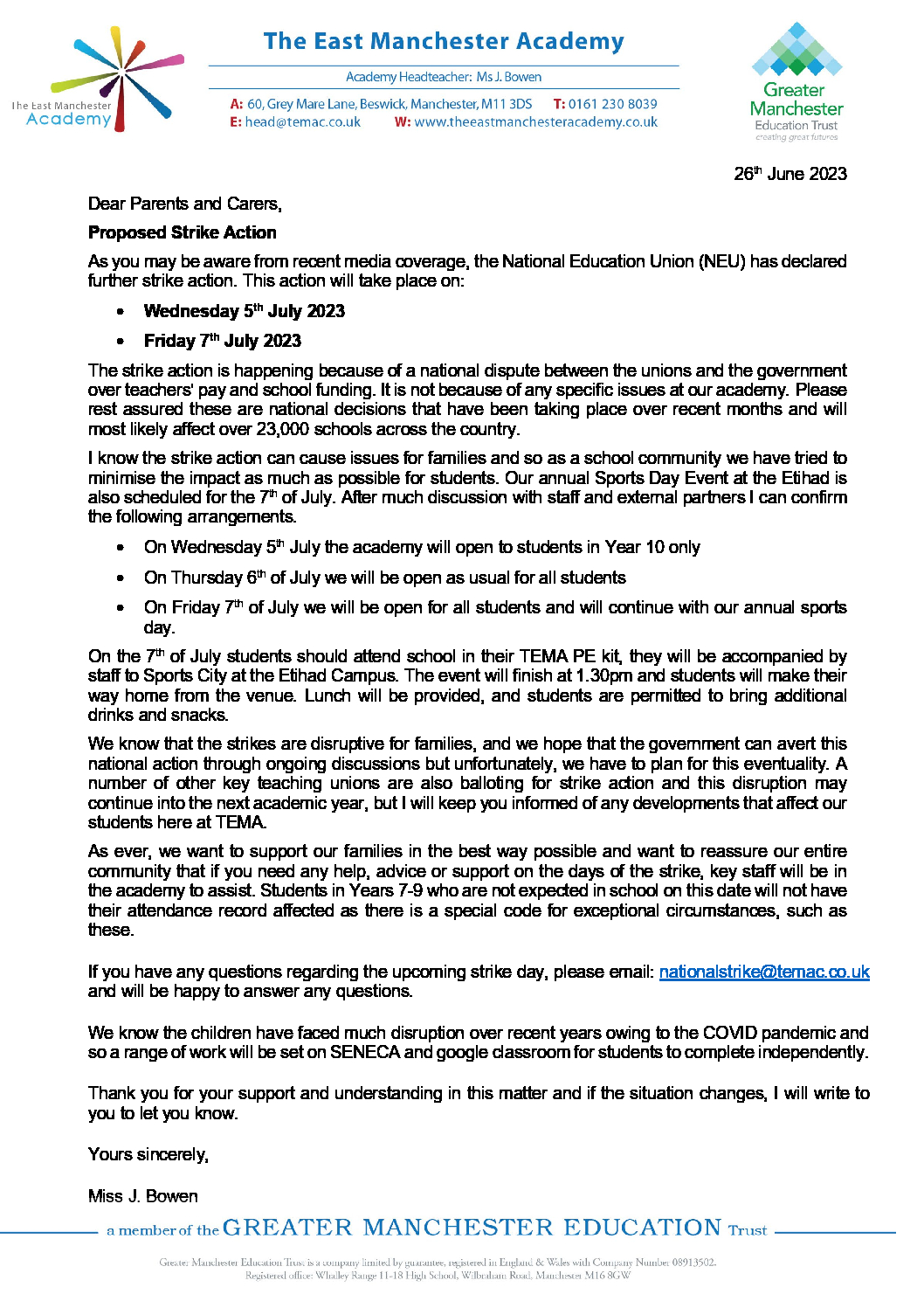 Proposed Strike Action Letter (July 2023) - TEMA