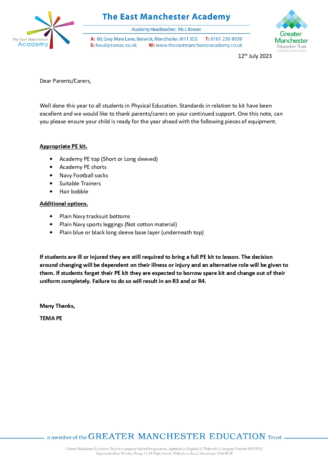 TEMA PE Kit Letter (July 2023) - TEMA