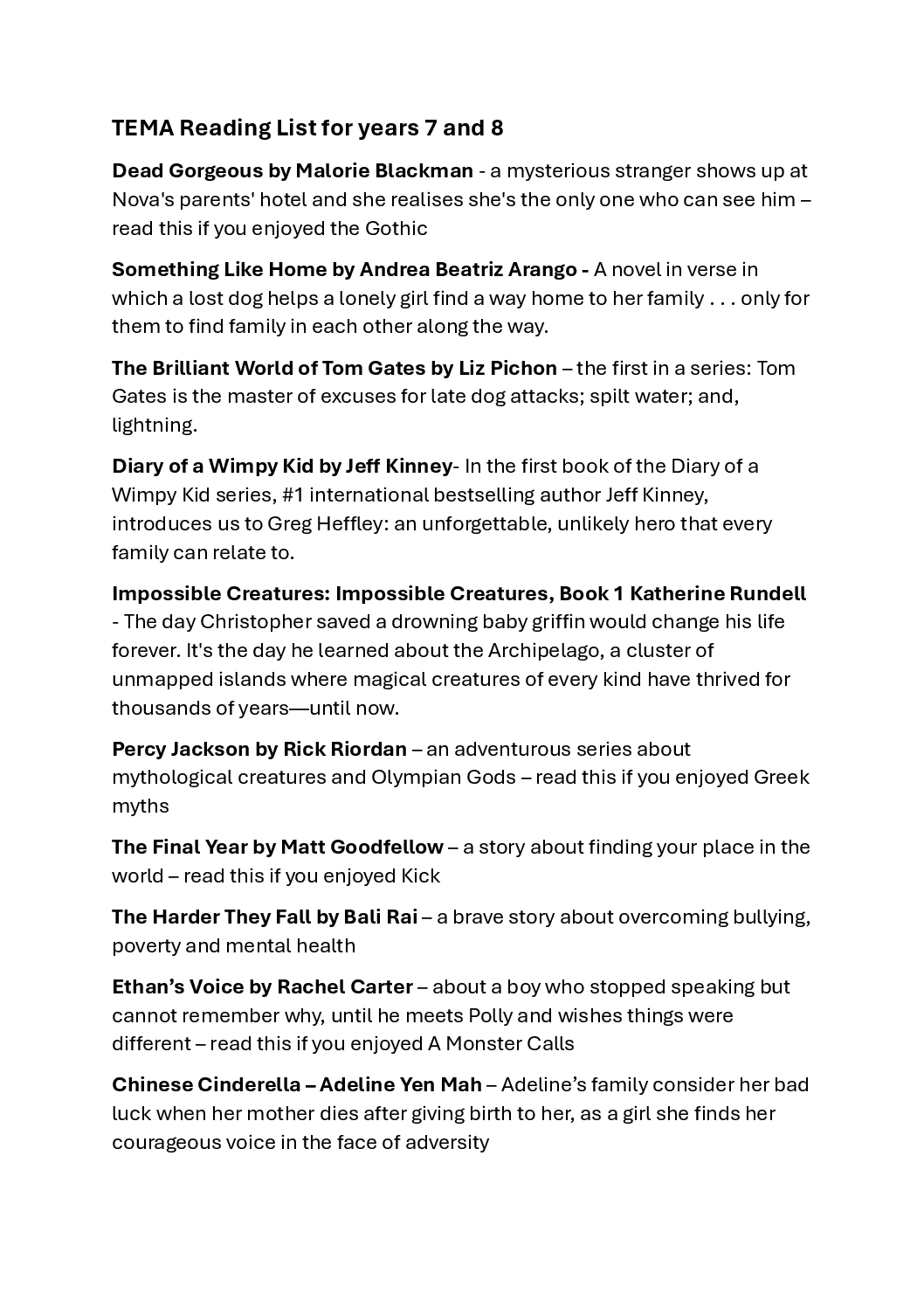 Reading list for years 7 and 8 - TEMA