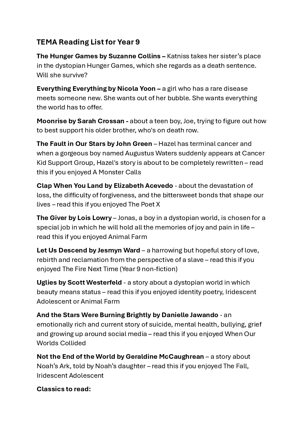 Reading list for year 9 - TEMA