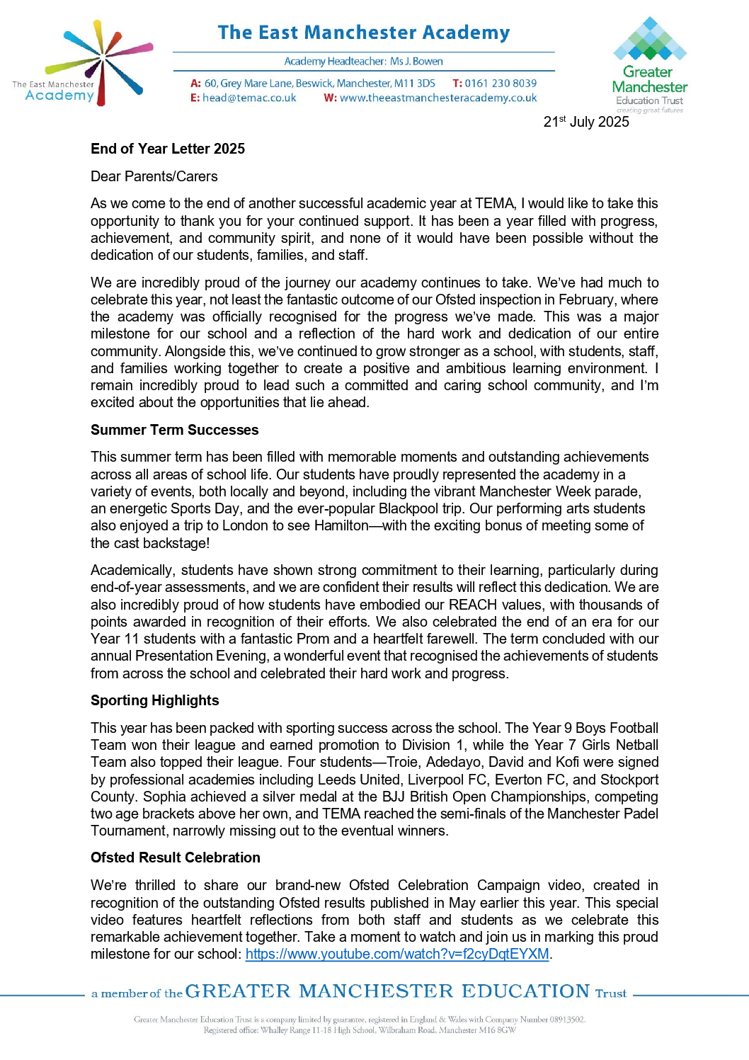 End of Year Letter (July 2025) - TEMA