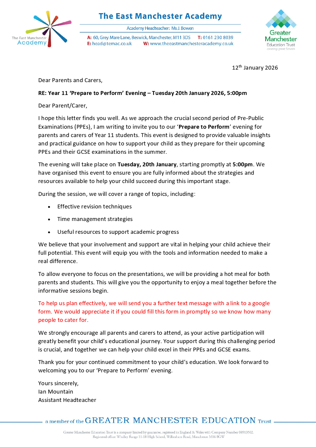 Year 11 Prepare to Perform Eve Letter – January 2026 - TEMA