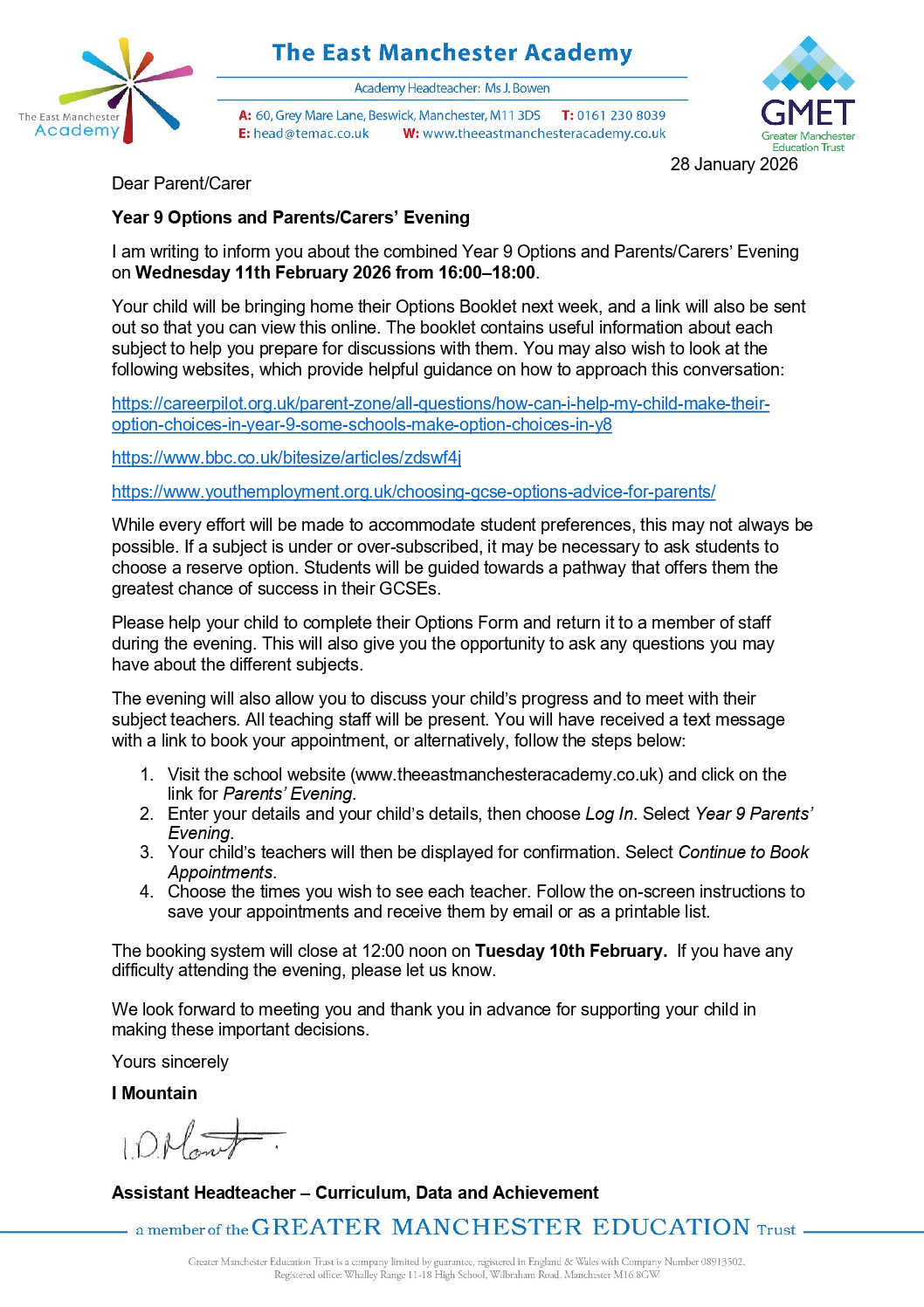 Year 9 Parents Evening Options Letter (February 2026) - TEMA